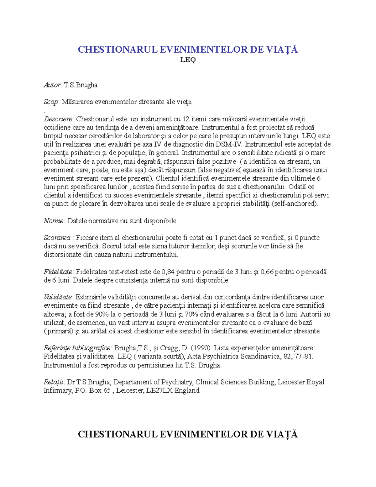 Chestionarul Evenimentelor DE VIAŢĂ Stres - CHESTIONARUL EVENIMENTELOR ...