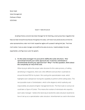 Sales Management Case 1 - Dylan Scott Sales Management Professor ...