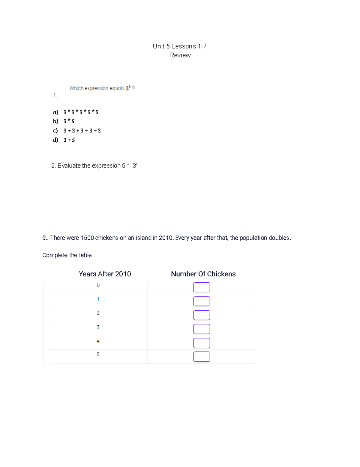 Jonathan Velasquez - Unit 5 Lessons 1-7 - Unit 5 Lessons 1- Review 1. a ...