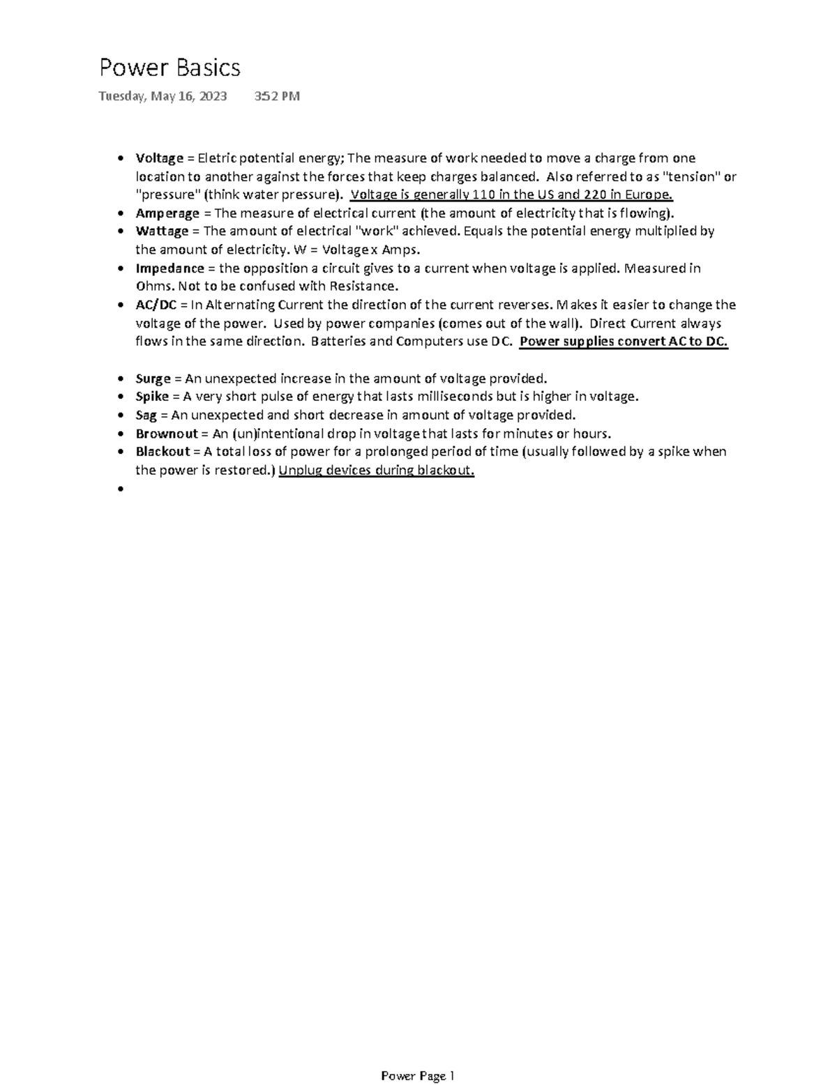 Power - Notes I created from a youtube video I watched. - Voltage ...