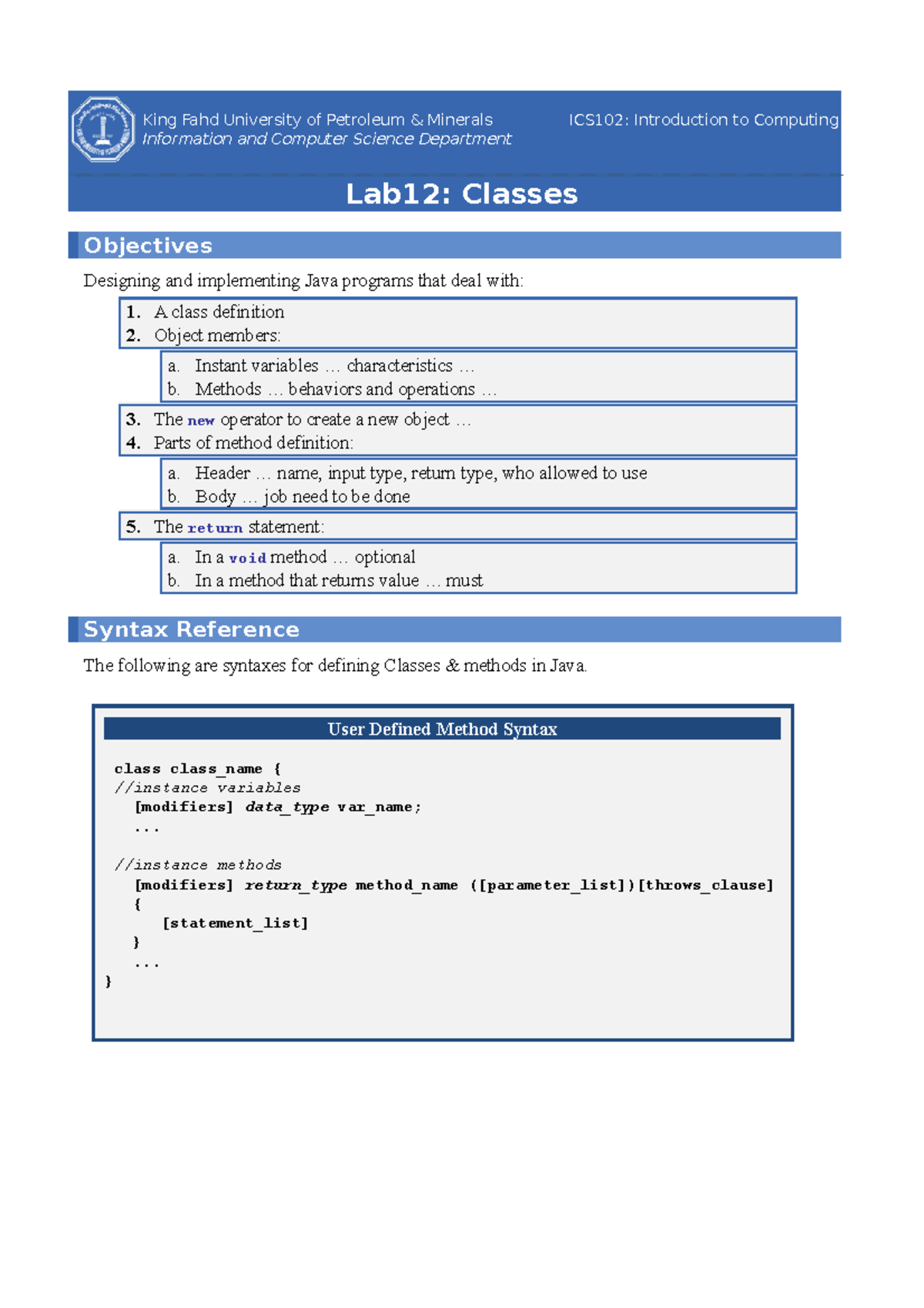 12 Lab 12 Classes - it help - King Fahd University of Petroleum & Minerals ICS102: Introduction ...
