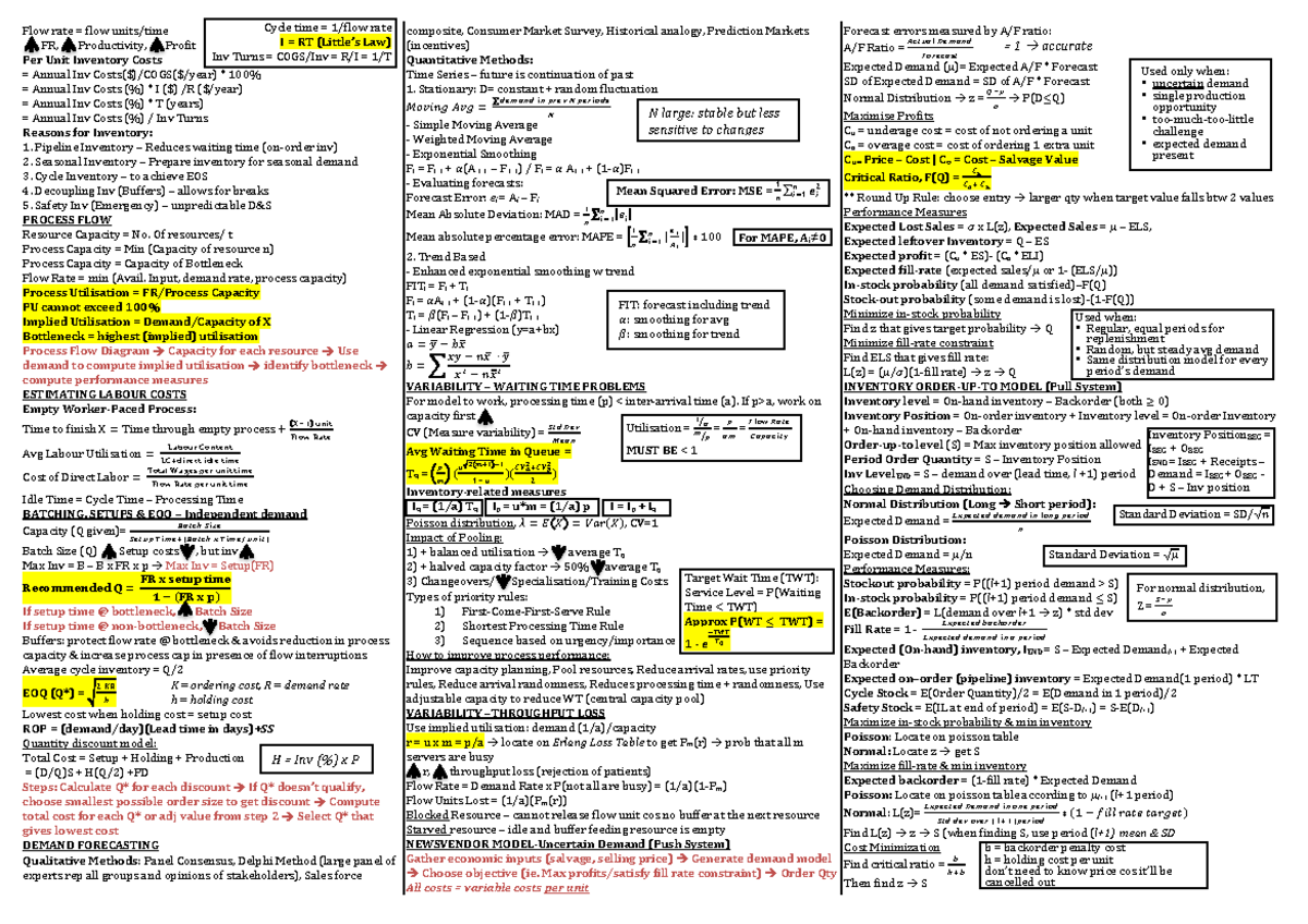 OPIM201 Cheat Sheet - Summary Operations Management - Flow rate = flow ...