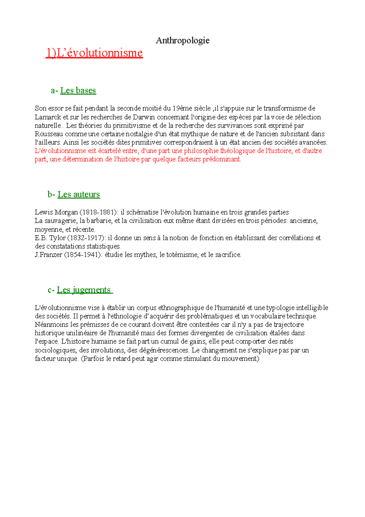 Anthropologie 1 - Evolutionnisme - Anthropologie 1) L’évolutionnisme a ...