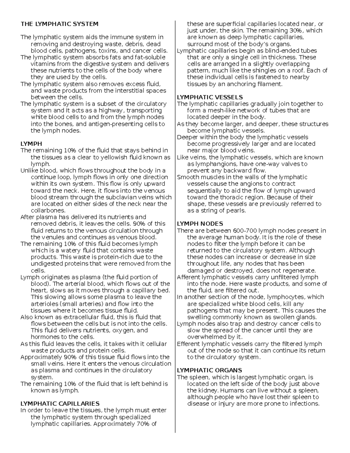 309412103 The Lymphatic System Handout - THE LYMPHATIC SYSTEM The ...