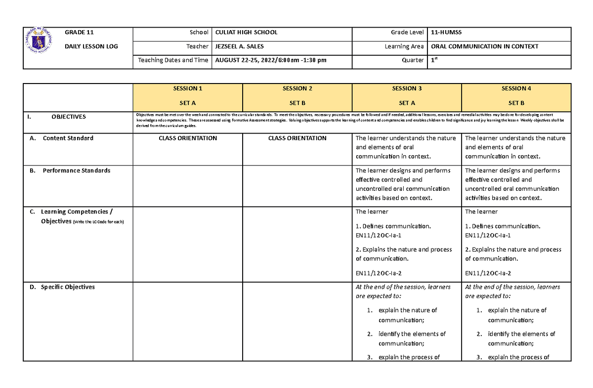 1. Nature and Process of Communication - GRADE 11 DAILY LESSON LOG ...