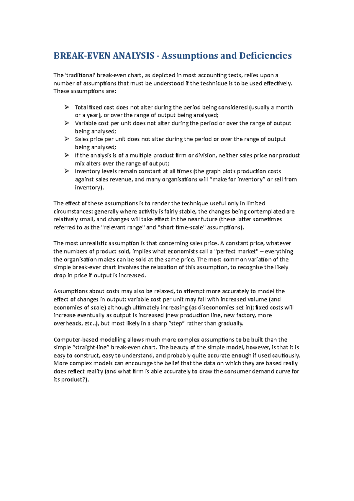 Break even notes - BREAK-EVEN ANALYSIS - Assumptions and Deficiencies ...