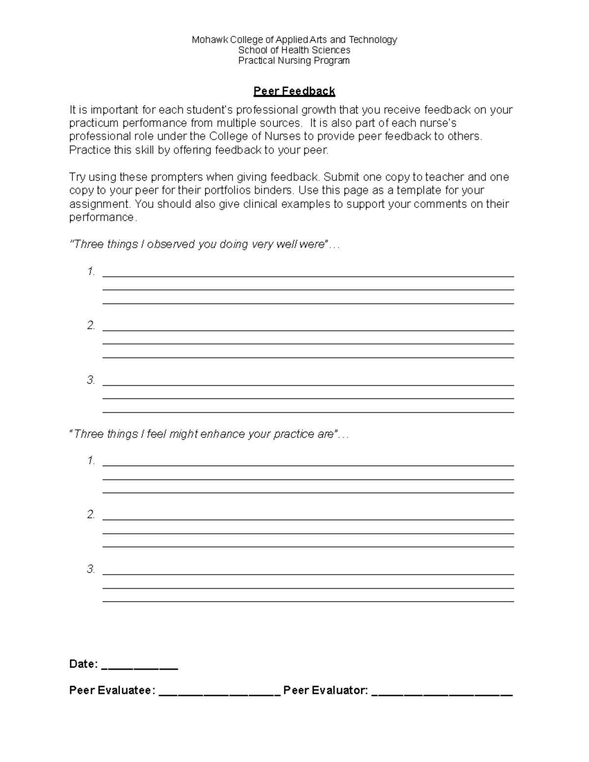 Peer Evaluation Feedback Form - Gen Tech 2Pw3 - McMaster - Studocu