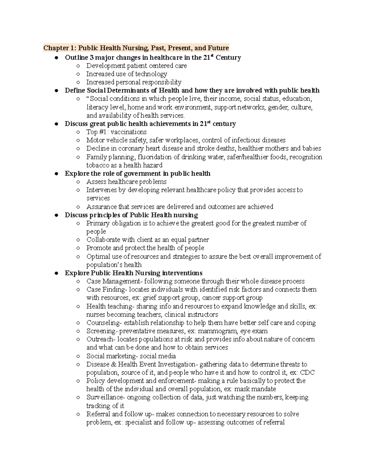 NRS 310 Exam 1 Objectives - Chapter 1: Public Health Nursing, Past ...