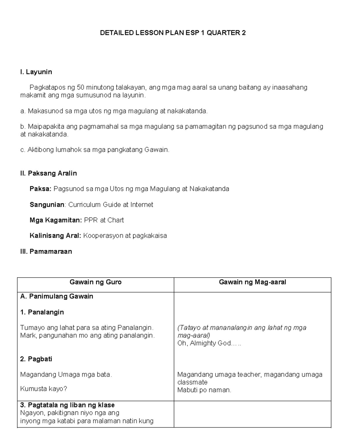 Detailed Lesson PLAN ESP 1 Quarter 2 - DETAILED LESSON PLAN ESP 1 QUARTER 2 I. Layunin ...