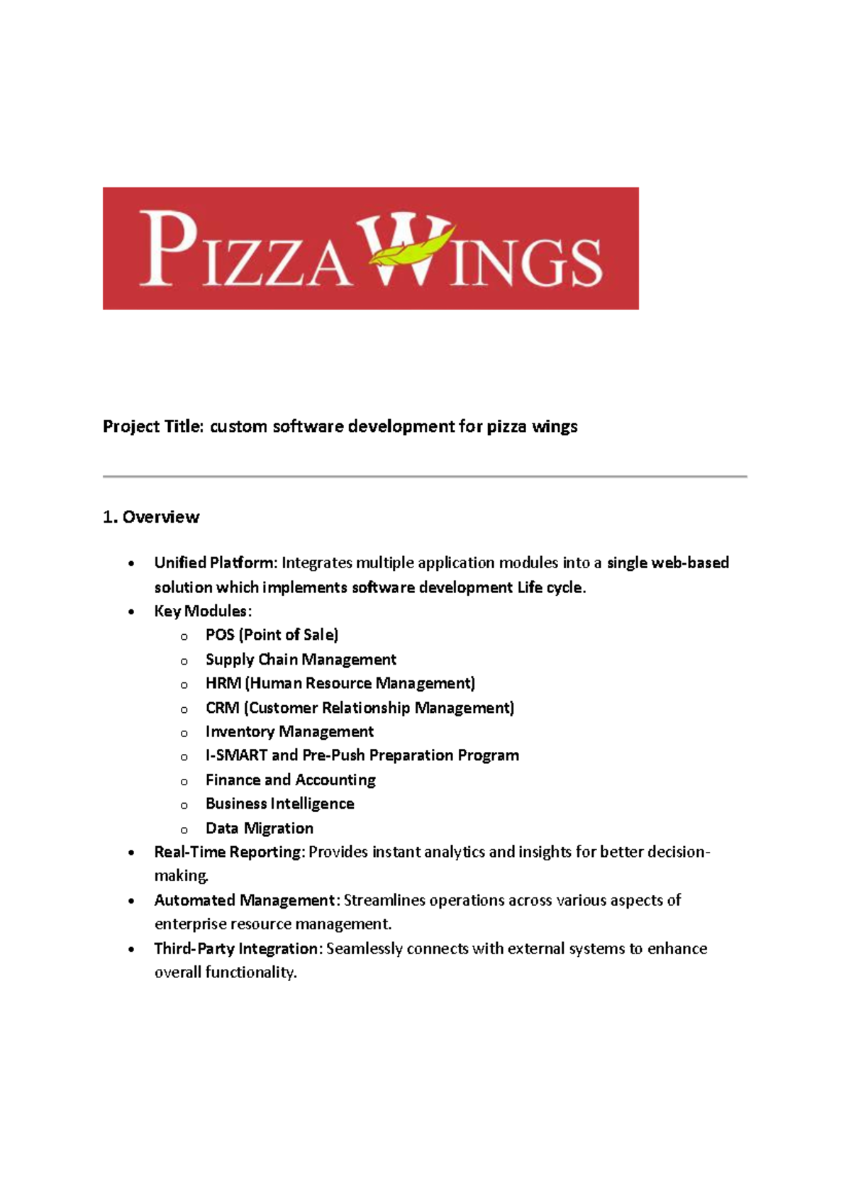 Pizza wings requirements - Project Title: custom software development ...