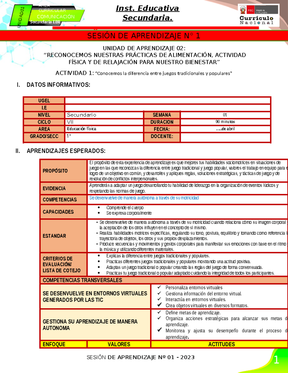 1º EE.FF. SES 1 UNI 2 SEM 01 - 2023 - ####### COMUNICACIÓN UNIDAD ####### Secundaria EBR ...