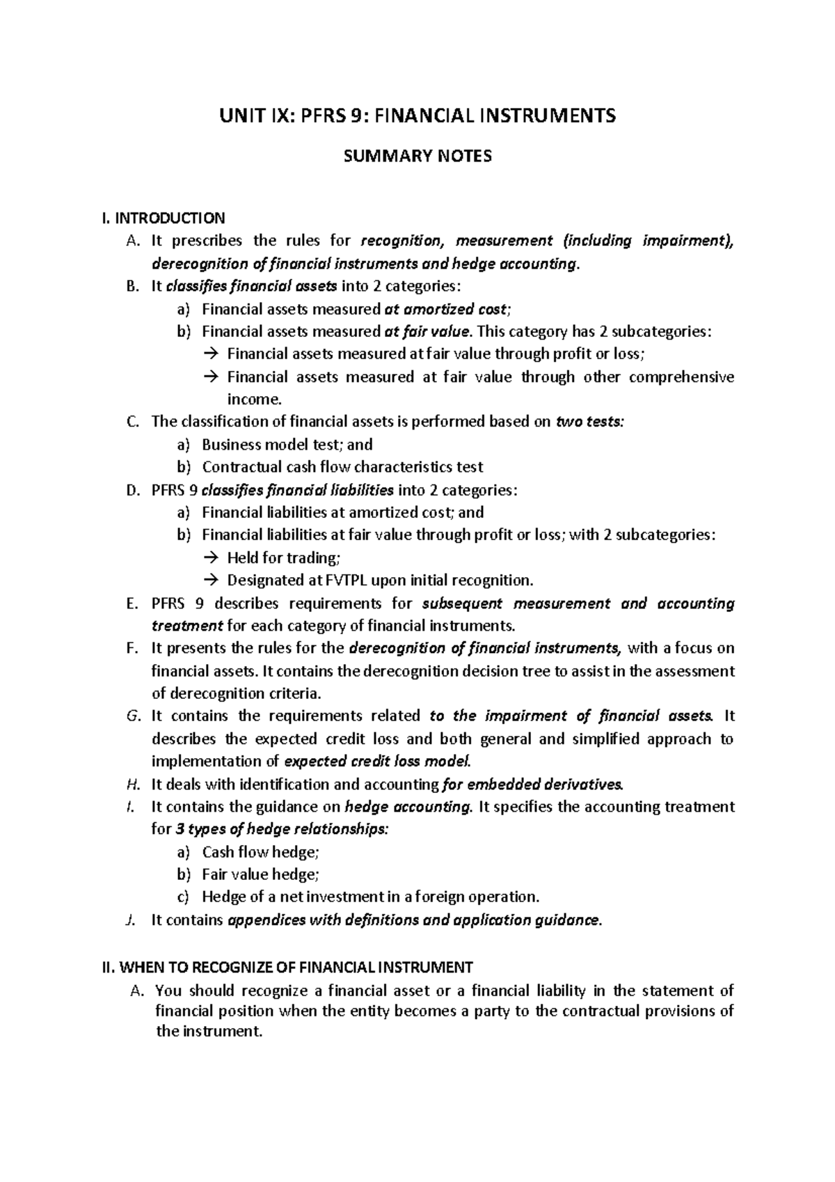 PFRS 9 Miral UNIT 9 Summary Notes - UNIT IX: PFRS 9: FINANCIAL ...