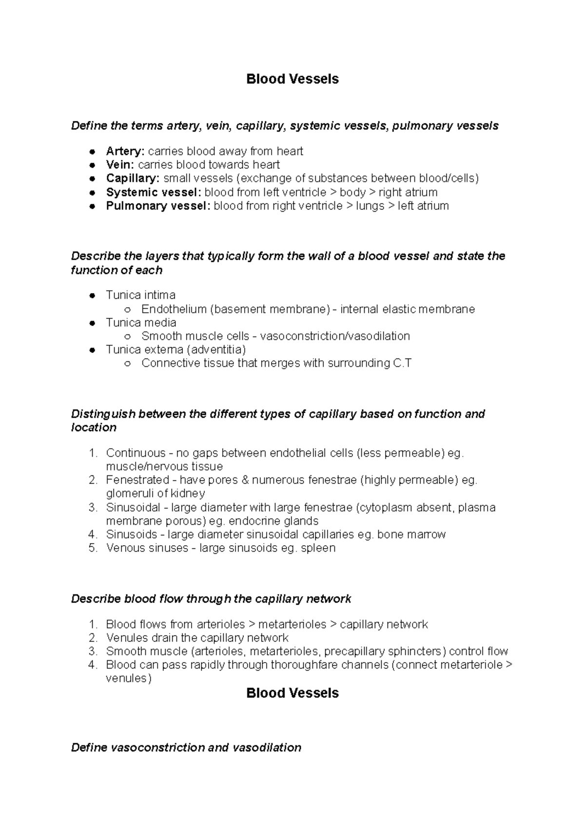 Blood Vessels - Lecture Notes - Blood Vessels Define the terms artery ...