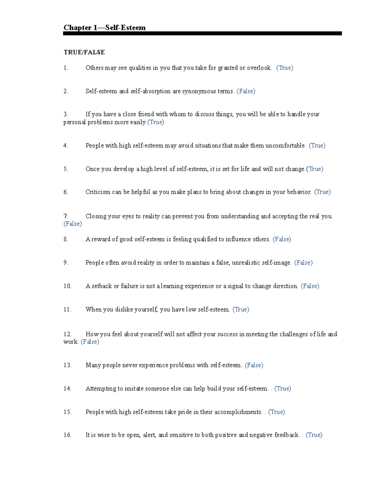 Chp 1 Self-esteem Pop Quiz - Chapter 1—Self-Esteem TRUE/FALSE Others ...