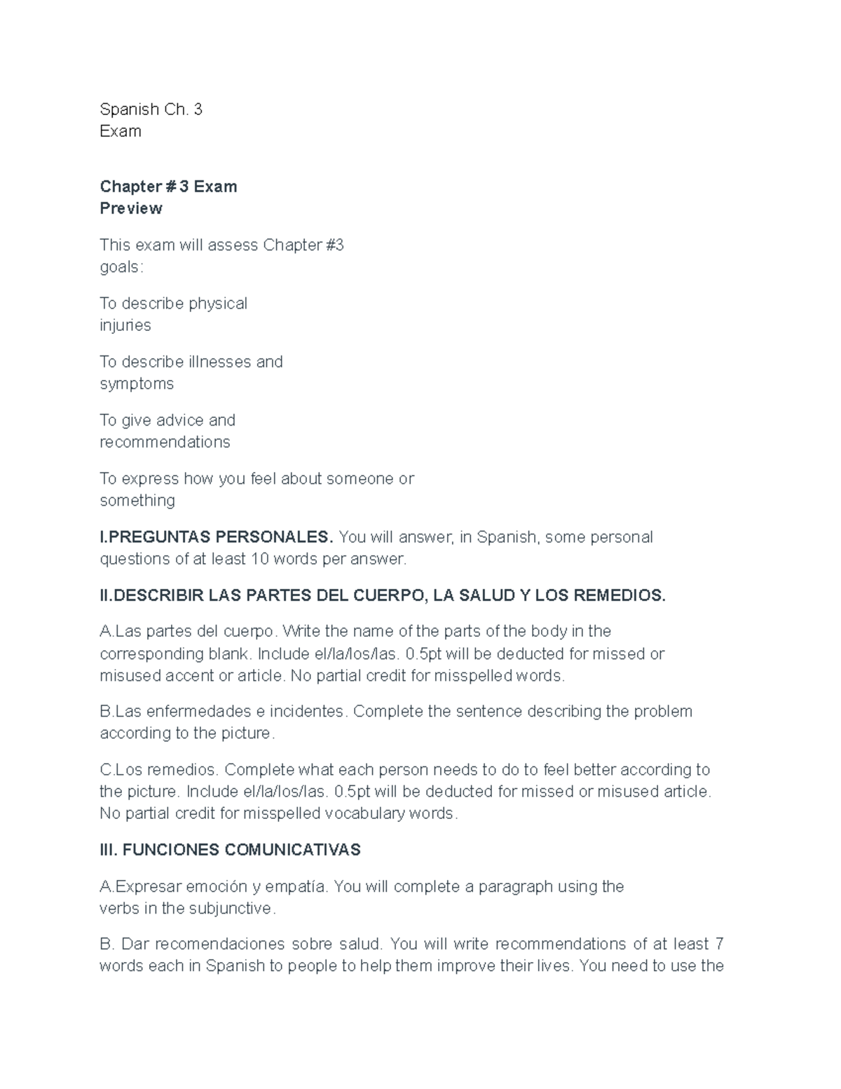 Span107 ch. 3 exam - Spanish Ch. 3 Exam Chapter # 3 Exam Preview This ...