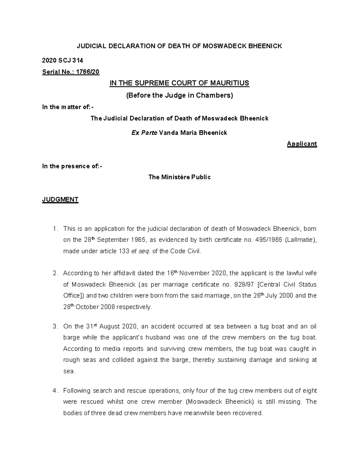 Judicial Declaration OF Death OF Moswadeck Bheenick 2020 SCJ 314 ...