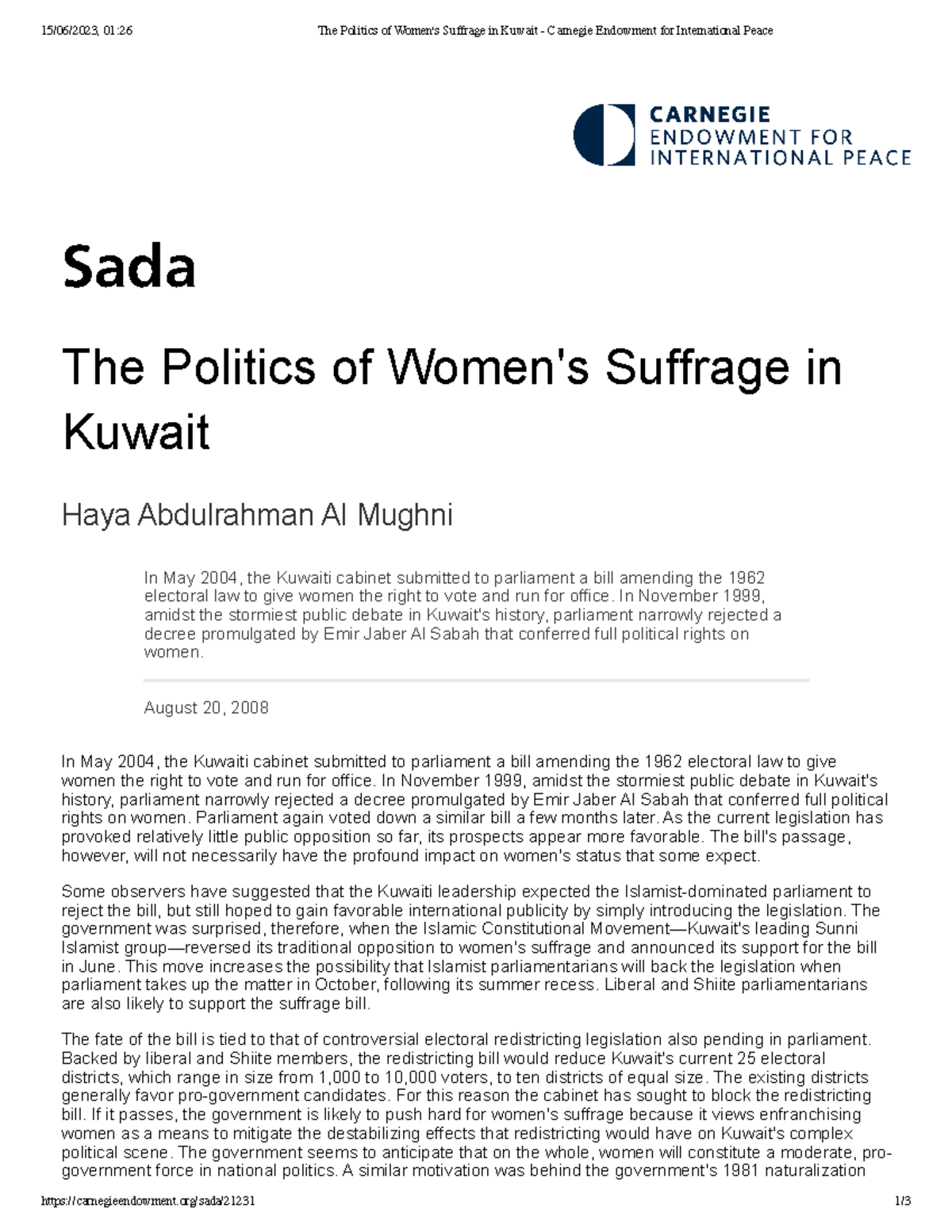 The Politics of Women's Suffrage in Kuwait - Carnegie Endowment for ...