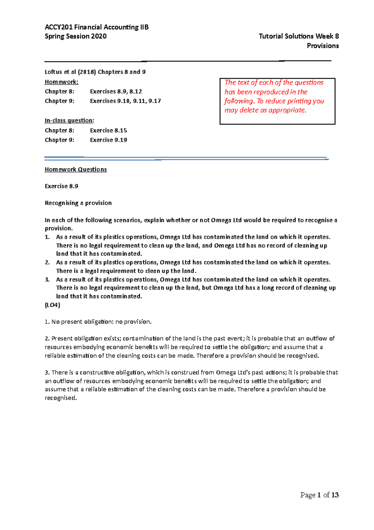 W8 tutorial solutions Provisions - Spring Session 2020 Tutorial ...