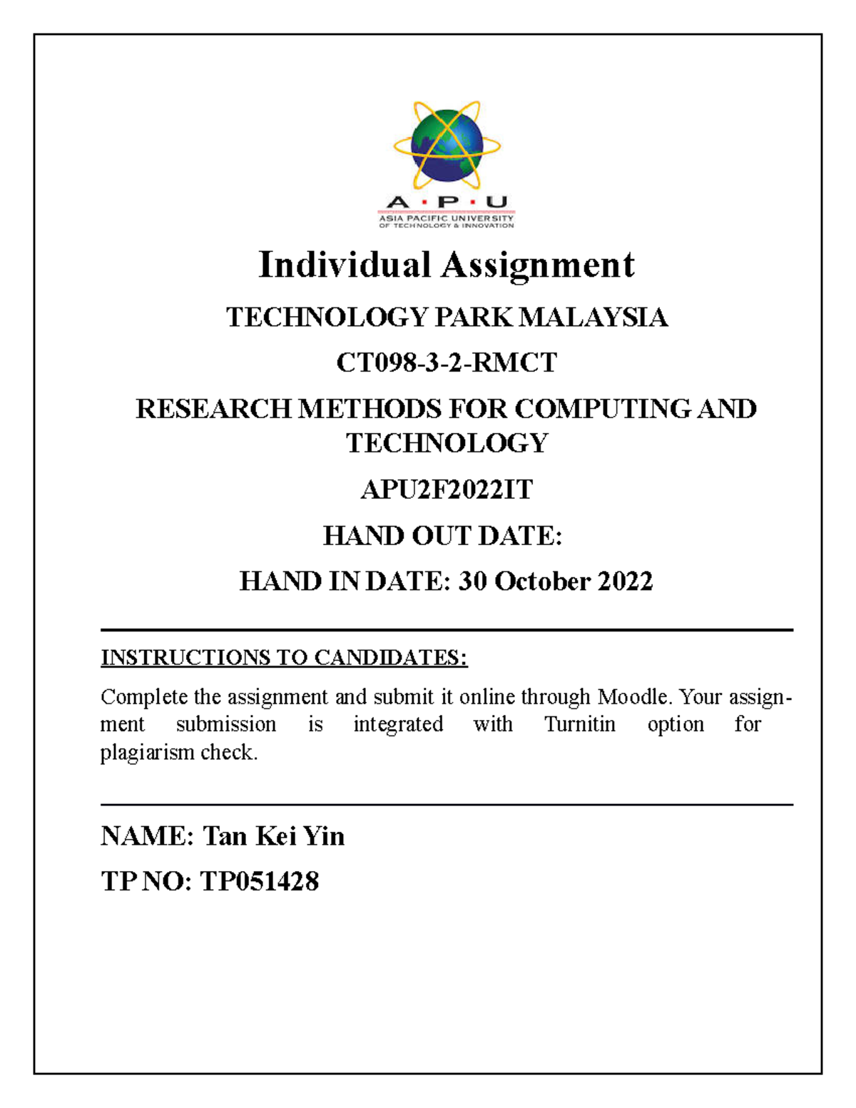 RMCT Proposal Assignment - Research Methods for Computing and Technology - Individual Assignment ...