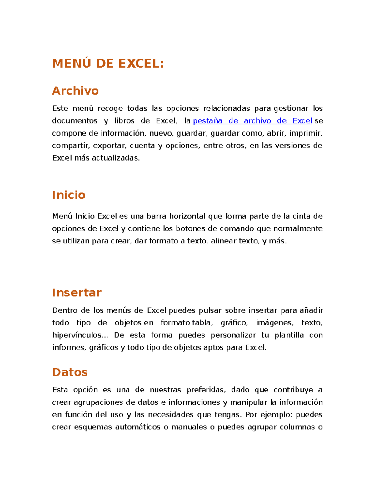 Menú de Excel kevin - trabajos - MENÚ DE EXCEL: Archivo Este menú ...