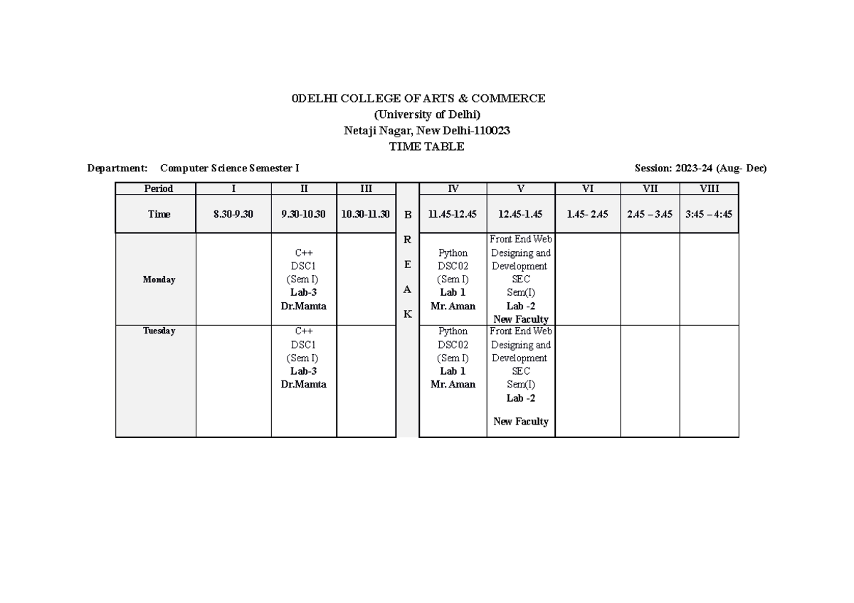 First Sem TT - 0DELHI COLLEGE OF ARTS & COMMERCE (University of Delhi) Netaji Nagar, New Delhi ...