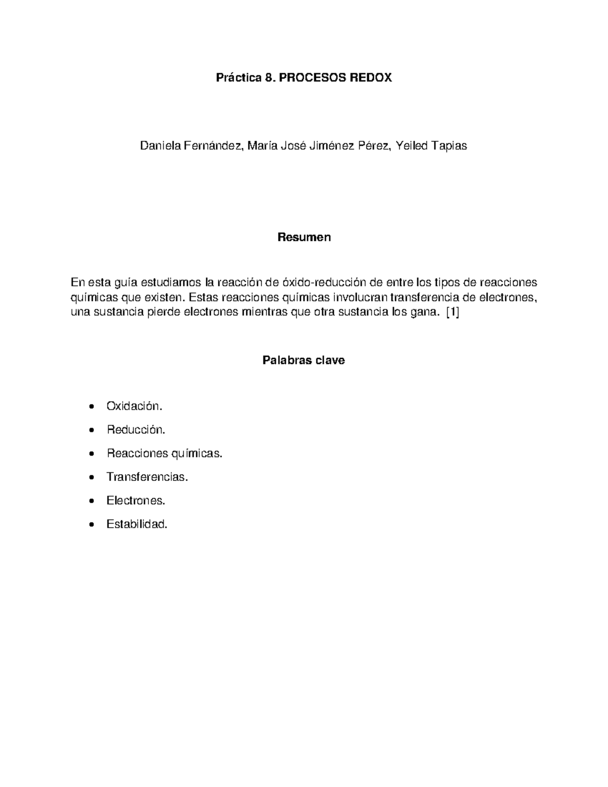 Informe #8 Inorgánica - Práctica 8. PROCESOS REDOX Daniela Fernández, María José Jiménez Pérez ...