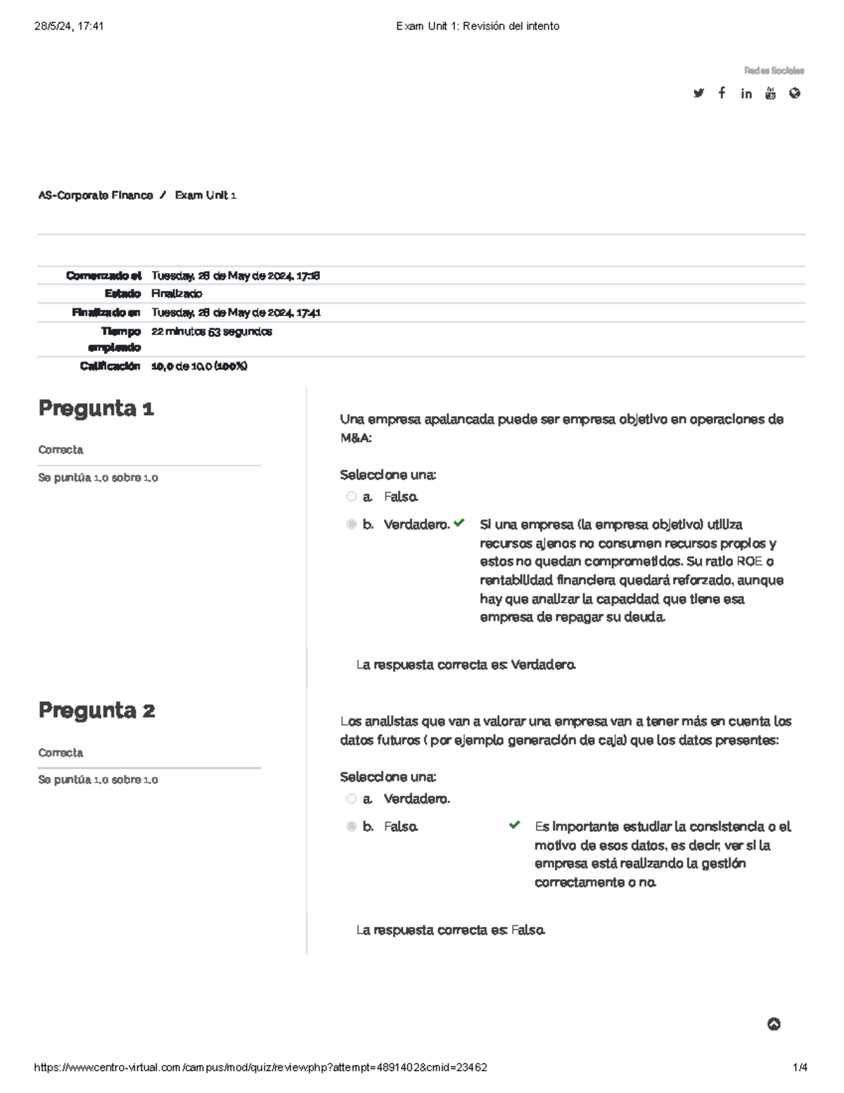 Exam Unit 1 Revisión del intento - Redes Sociales AS-Corporate Finance ...