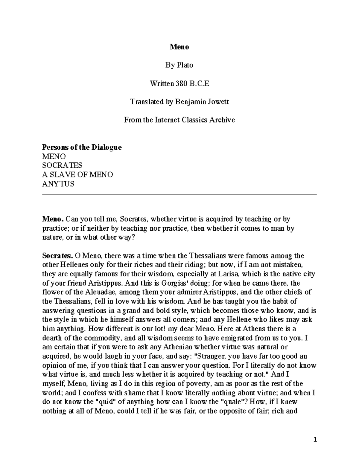 Plato, Meno reading - Meno By Plato Written 380 B.C Translated by ...