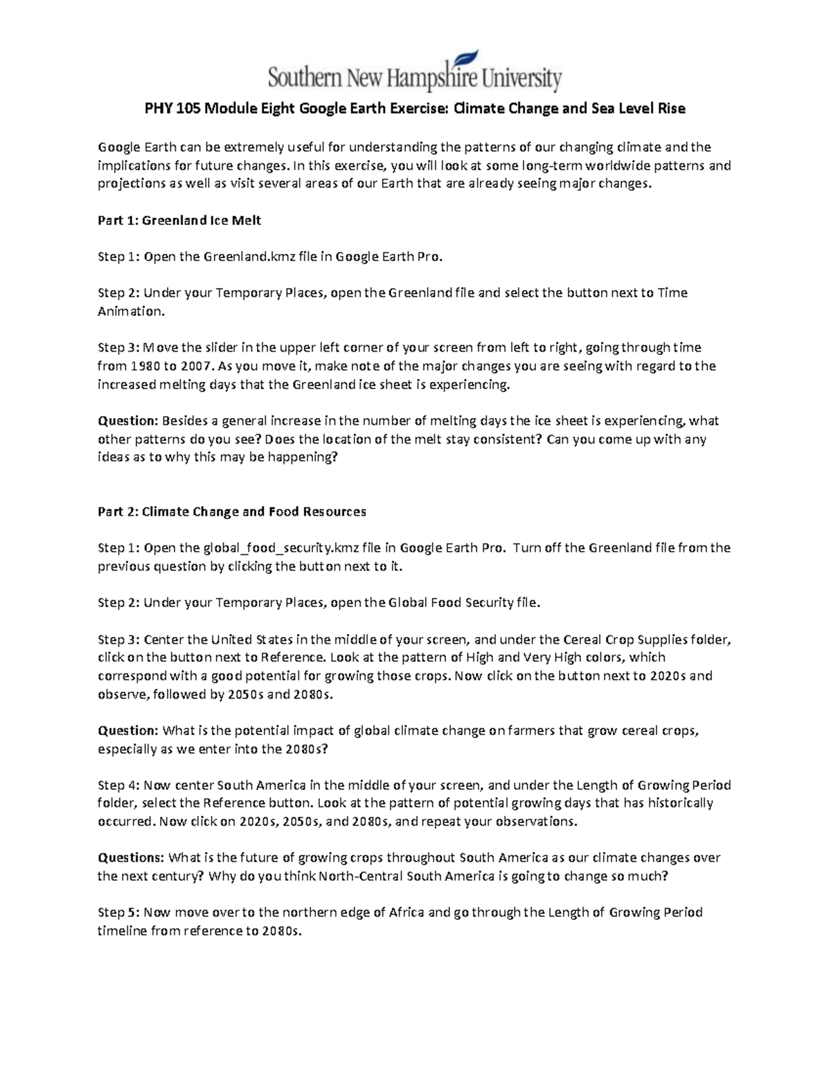 PHY 105 Module Eight Google Earth Exercise - In this exercise, you will ...