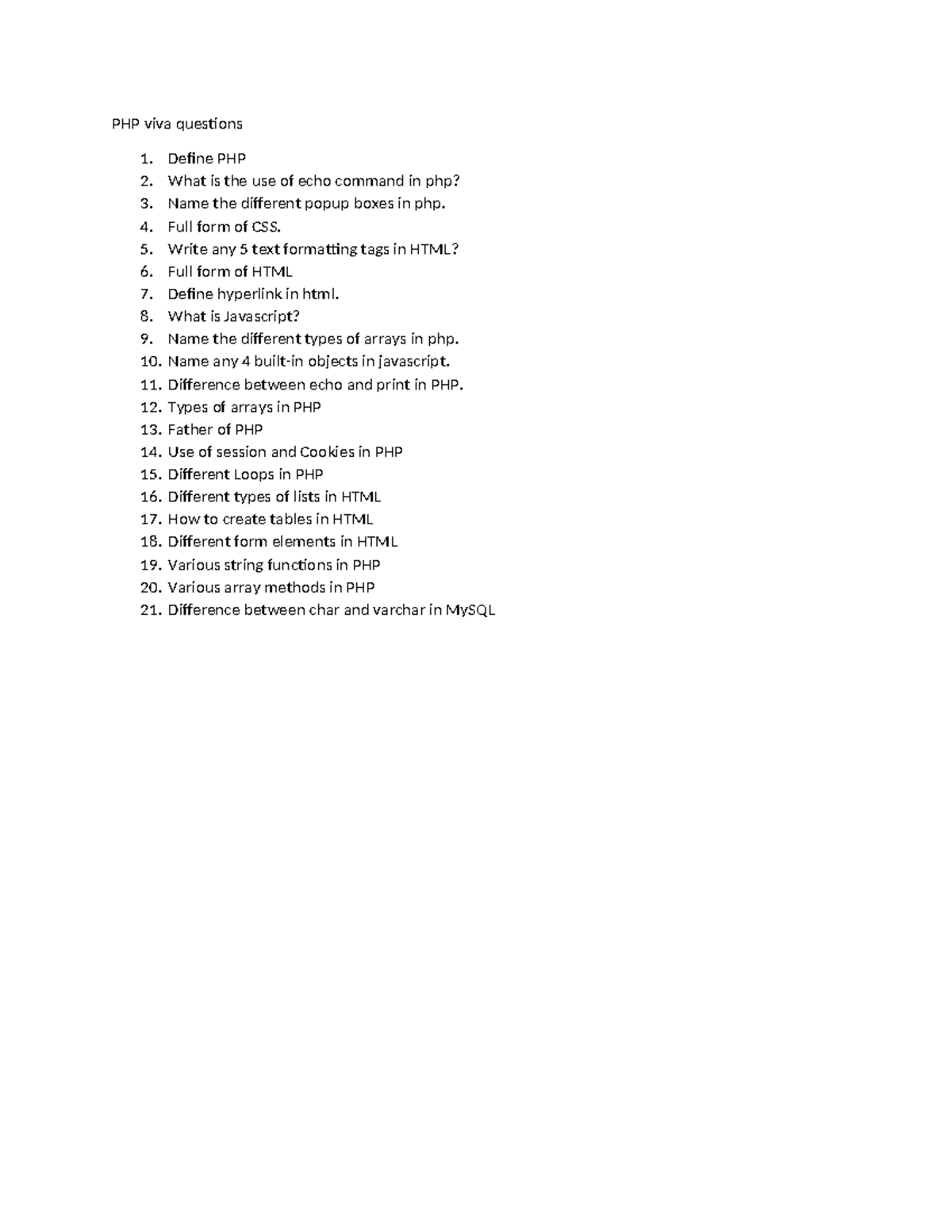 Viva questions(php) - php lab - PHP viva questions 1. Define PHP 2 ...