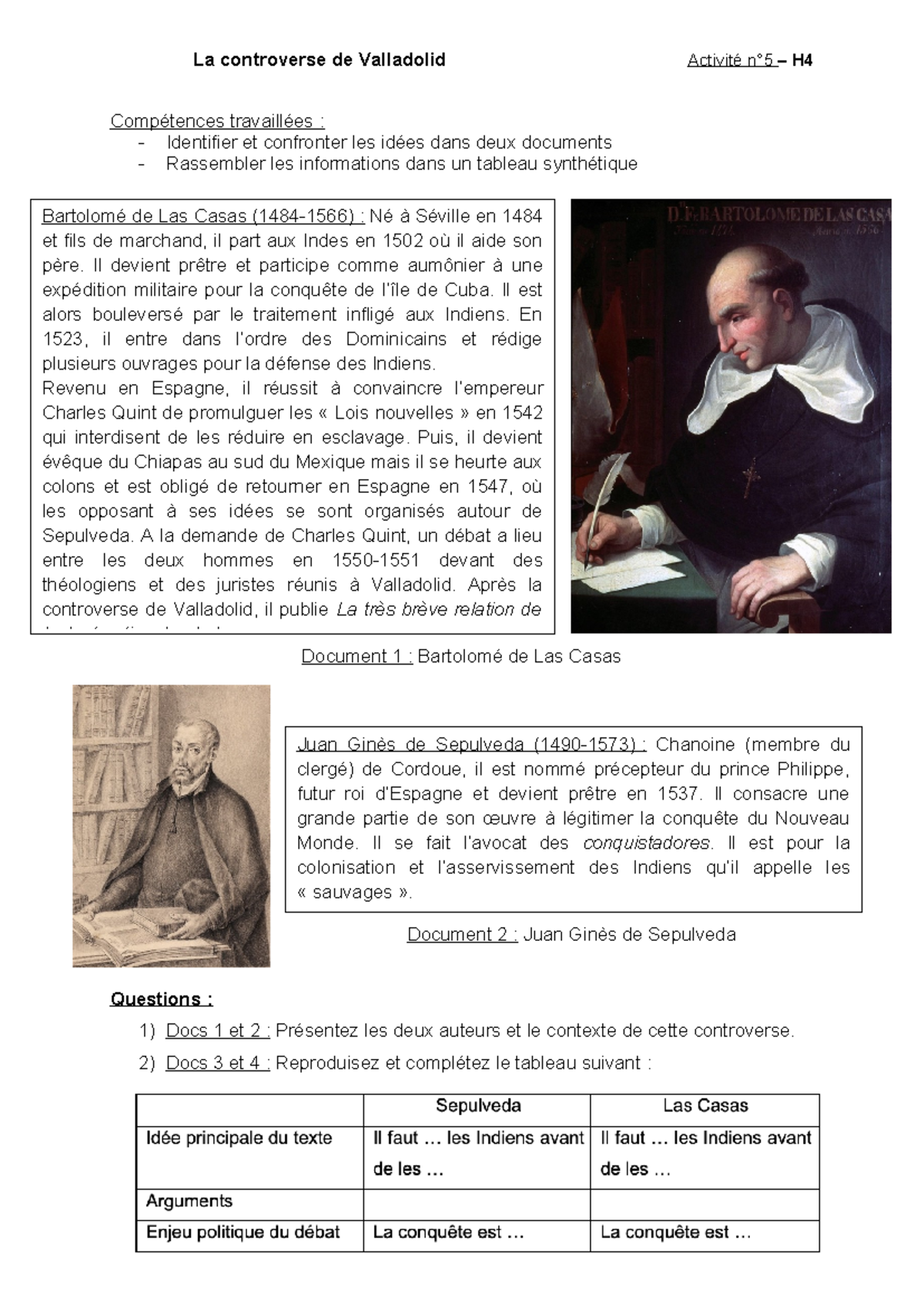 Activité Controverse de Valladolid - La controverse de Valladolid Activité n°5 – H Compétences ...