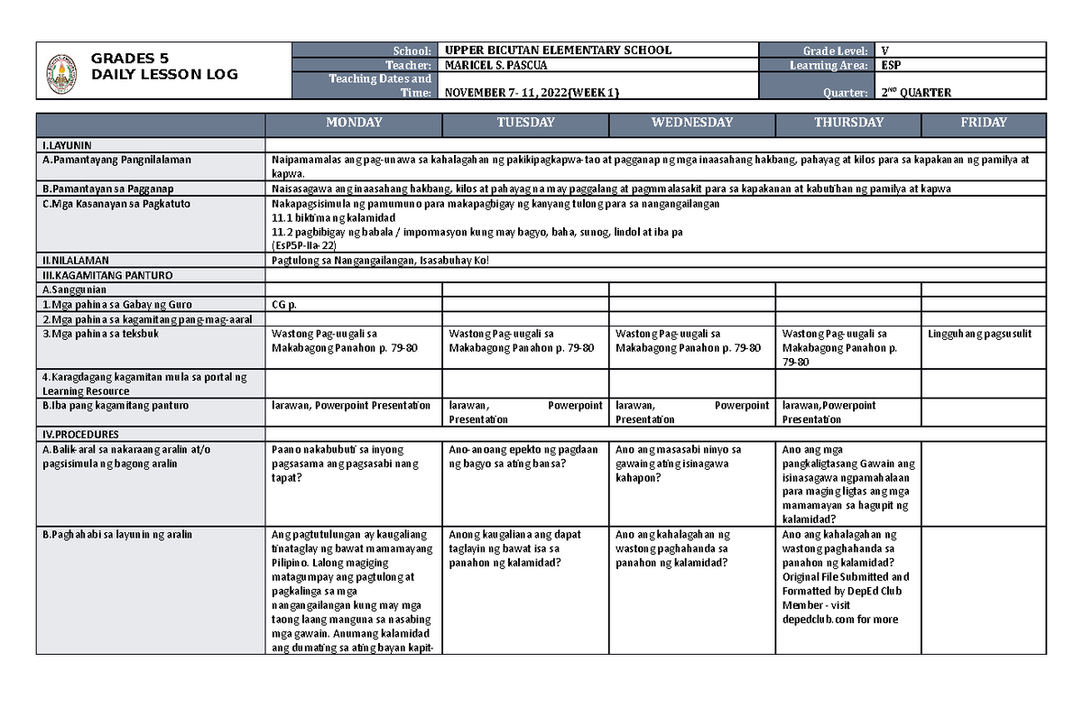 DLL ESP-5 Q2 W1 - jnj - GRADES 5 DAILY LESSON LOG School: UPPER BICUTAN ...