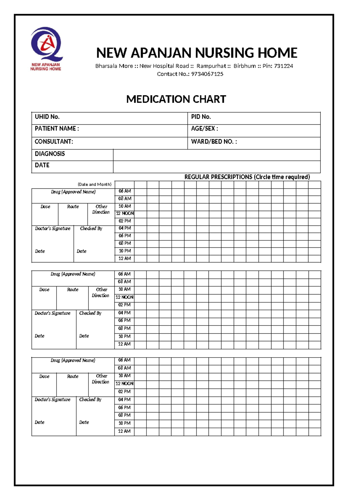 Medication Chart - XXXXXXXXXX - NEW APANJAN NURSING HOME Bharsala More ...