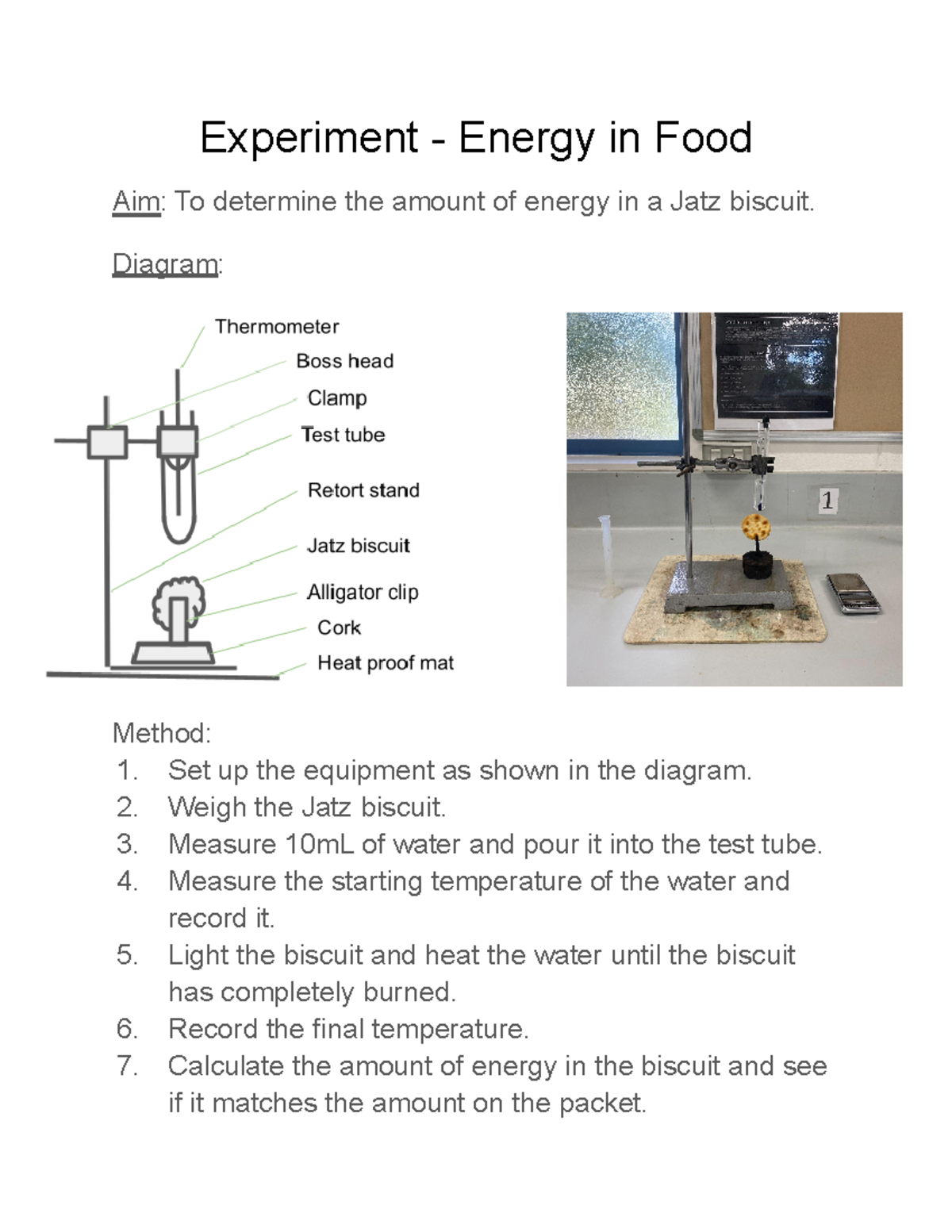 Experiment - Energy in Food - Diagram: Method: 1. Set up the equipment ...