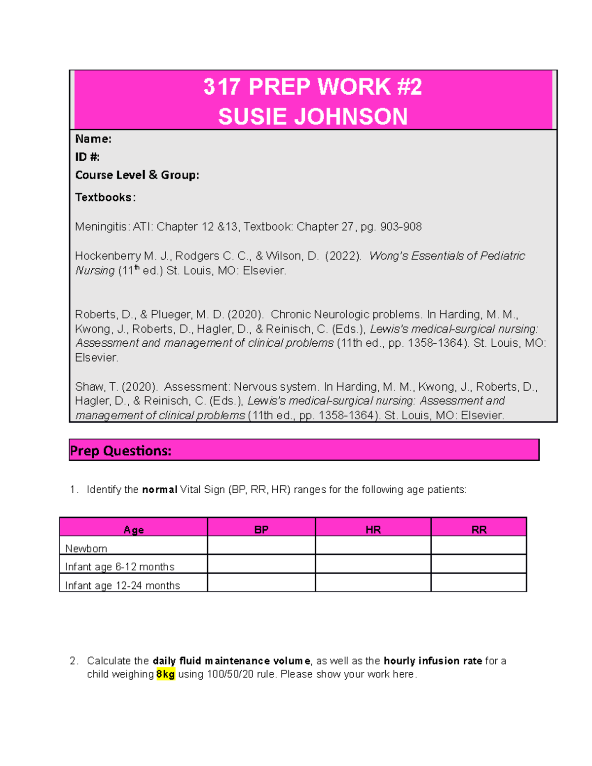 317 Prep Work #2 Susie Johnson 10 - 317 PREP WORK SUSIE JOHNSON Name ...