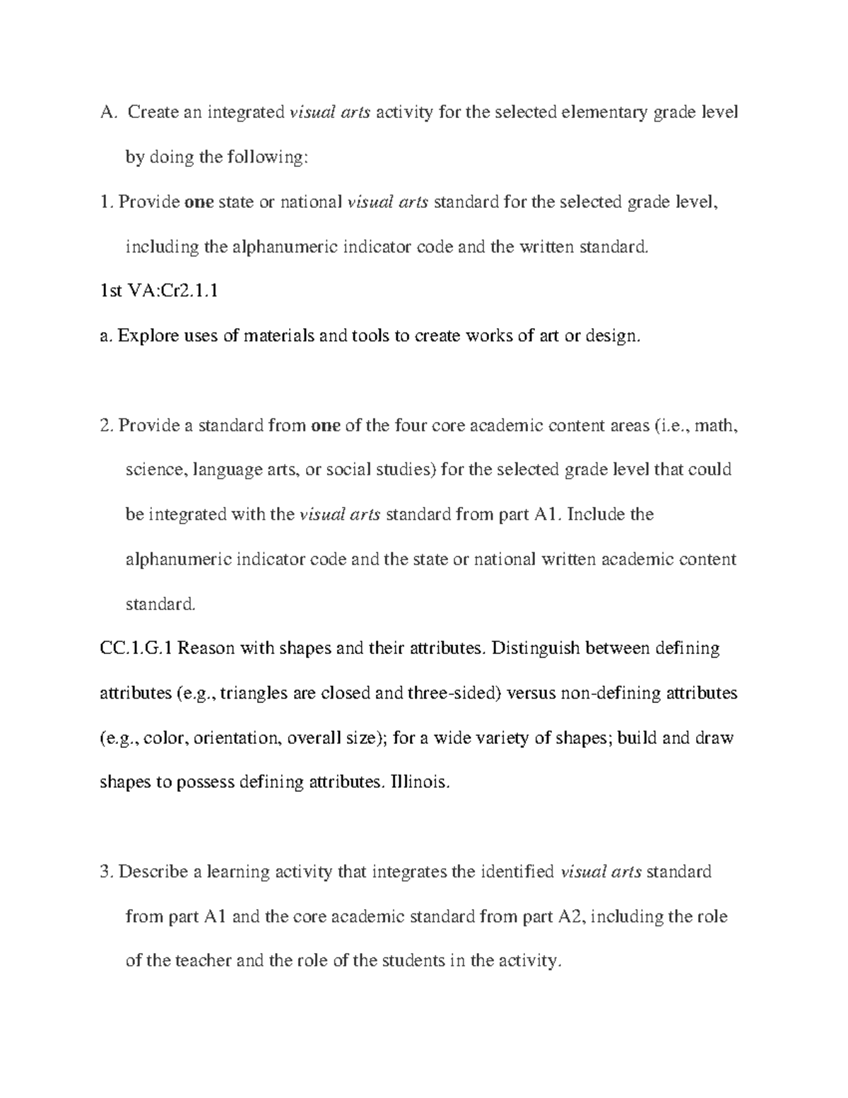 Integrated Arts Activity revised - A. Create an integrated visual arts ...