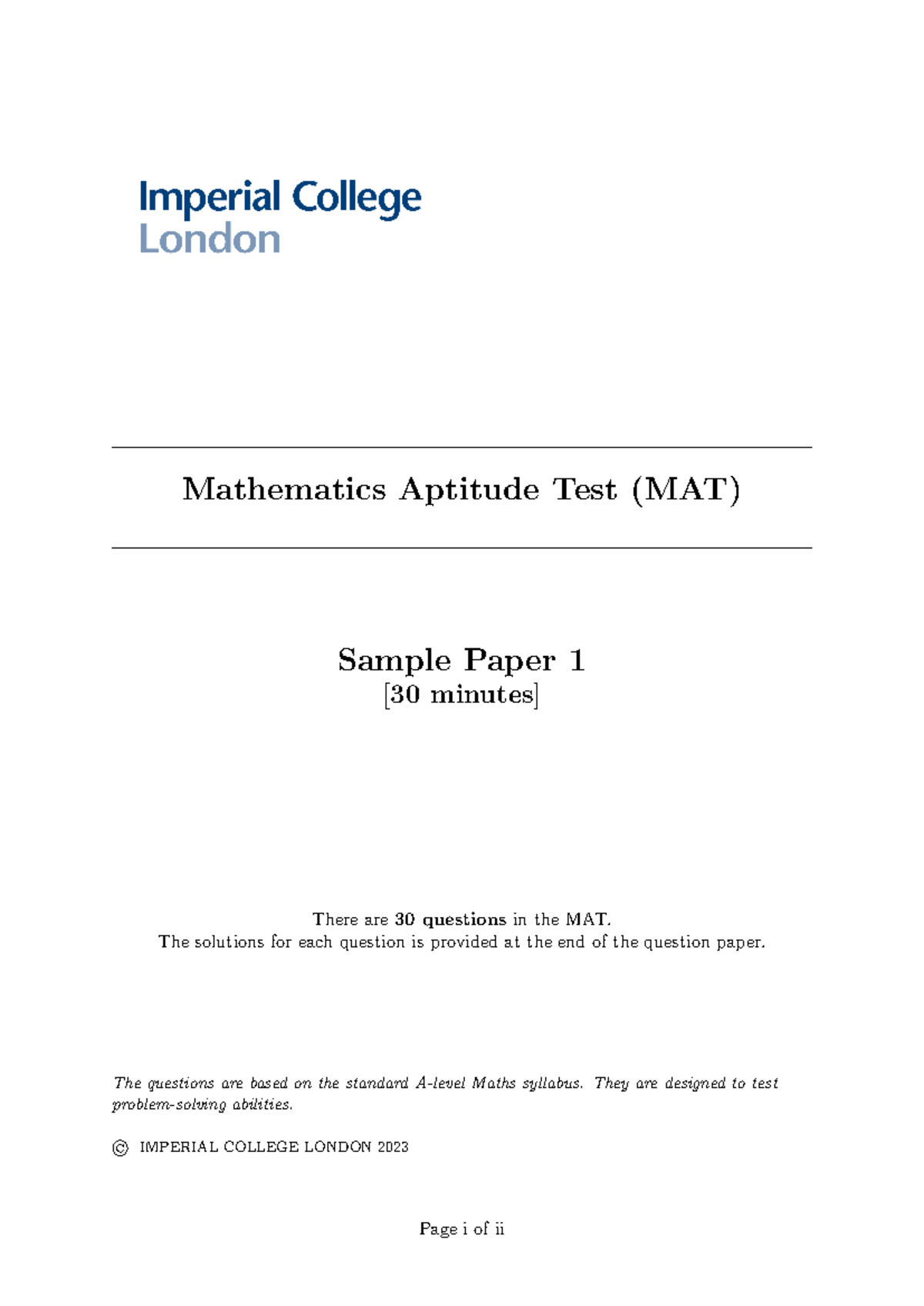 Sample 1 - EEE MAT - Mathematics Aptitude Test (MAT) Sample Paper 1 [30 ...
