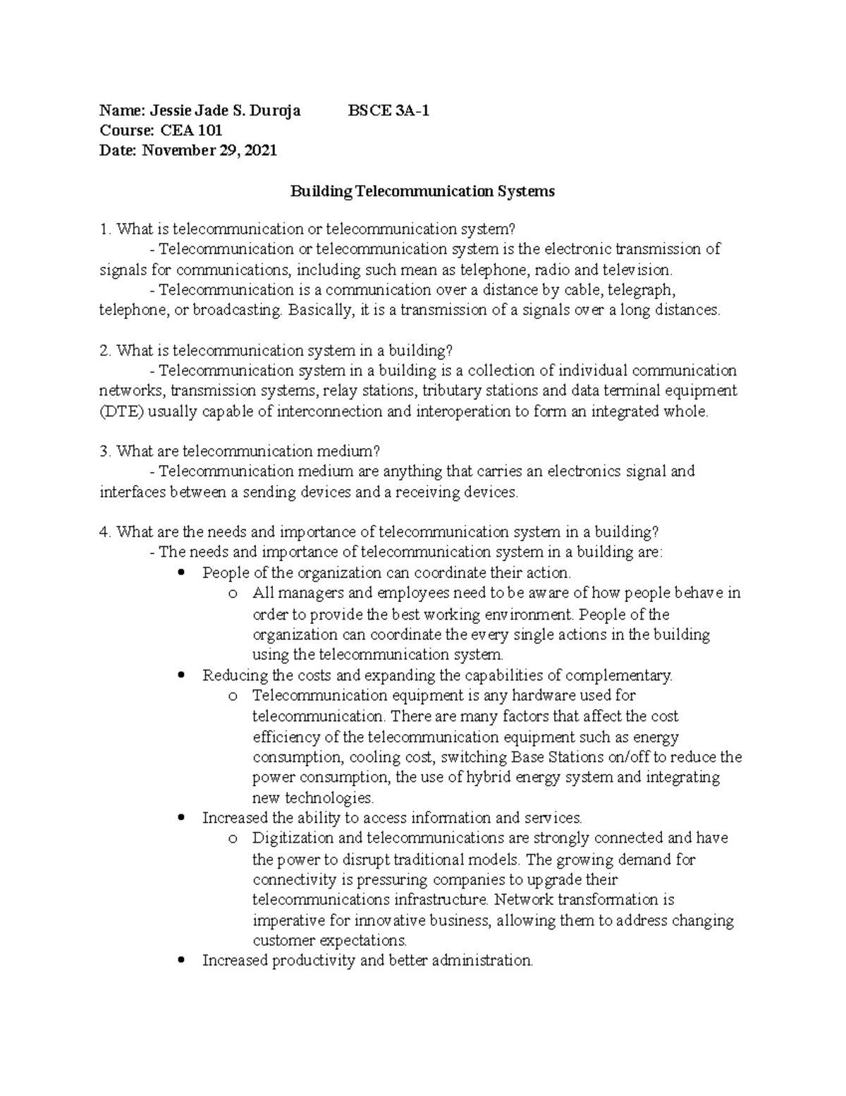 CEA 101 (Duroja, Building Telecommunication Systems) - Name: Jessie ...