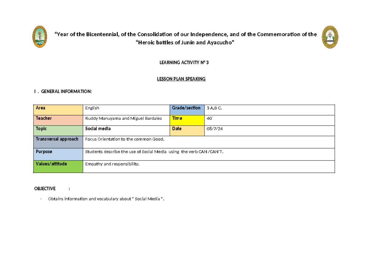 Lesson plan Speaking - “Year of the Bicentennial, of the Consolidation ...