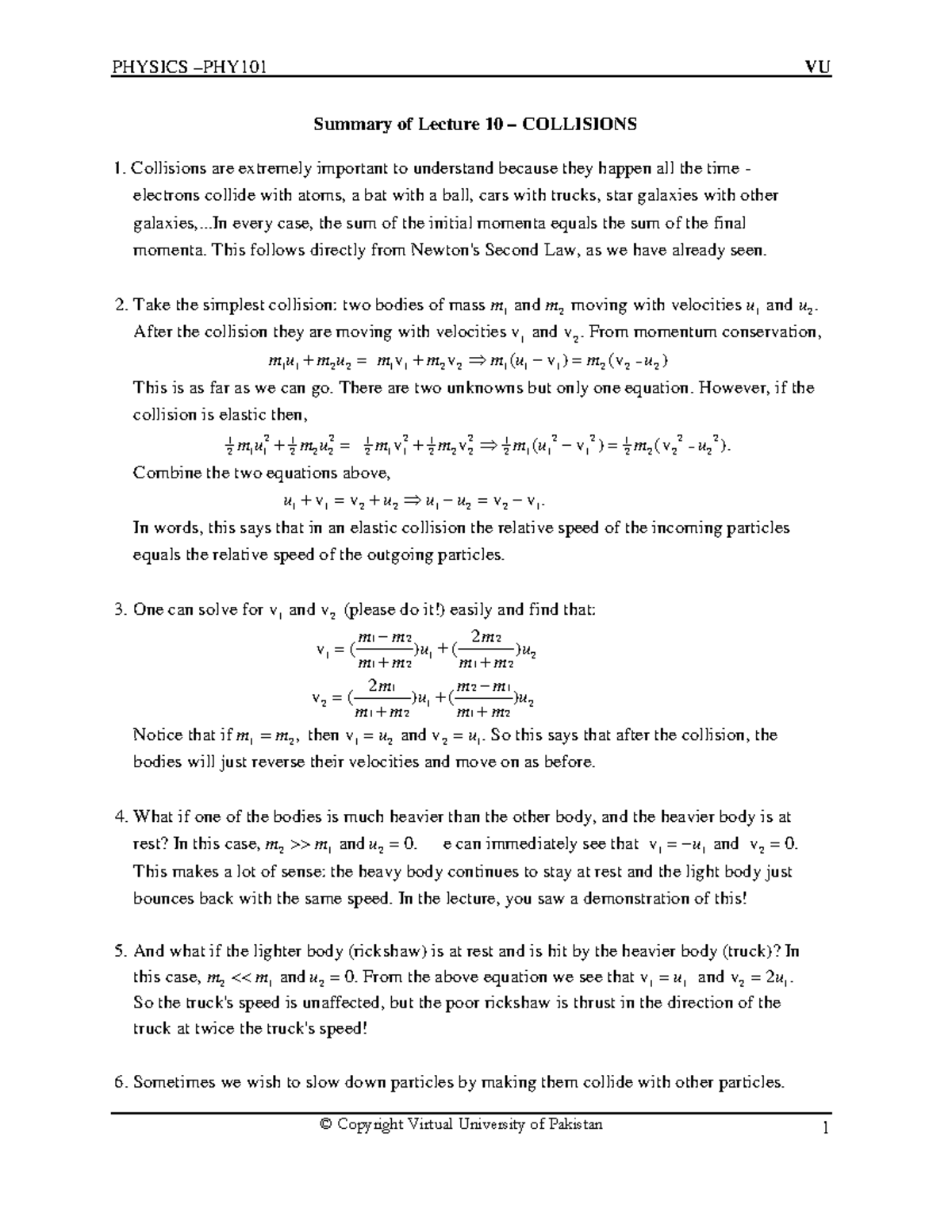 Lecture 10 Handouts Dec 2023 Physics Phy101 Vu © Copyright Virtual