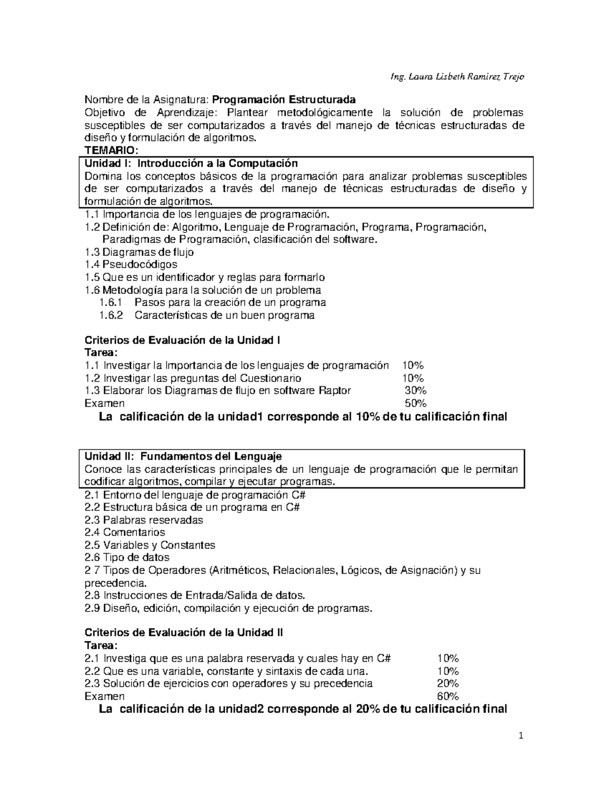 Temario Programacion Estructurada - 1 Ing. Laura Lisbeth Ramirez Trejo ...