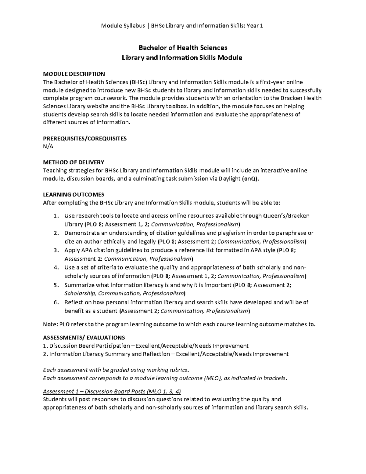 BHSc Library Module Syllabus - Module Syllabus | BHSc Library and ...