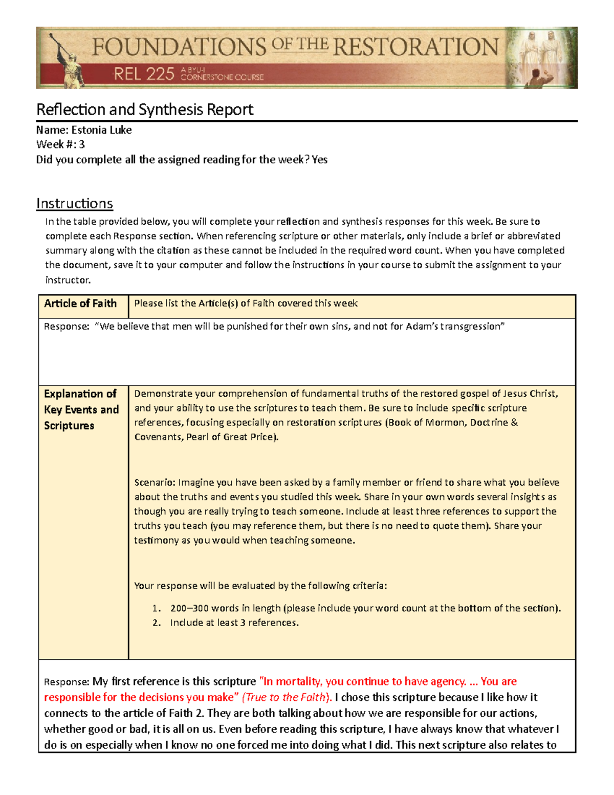 REL225C W03 Reflection And Synthesis (1) - Reflection and Synthesis Report Name: Estonia Luke ...