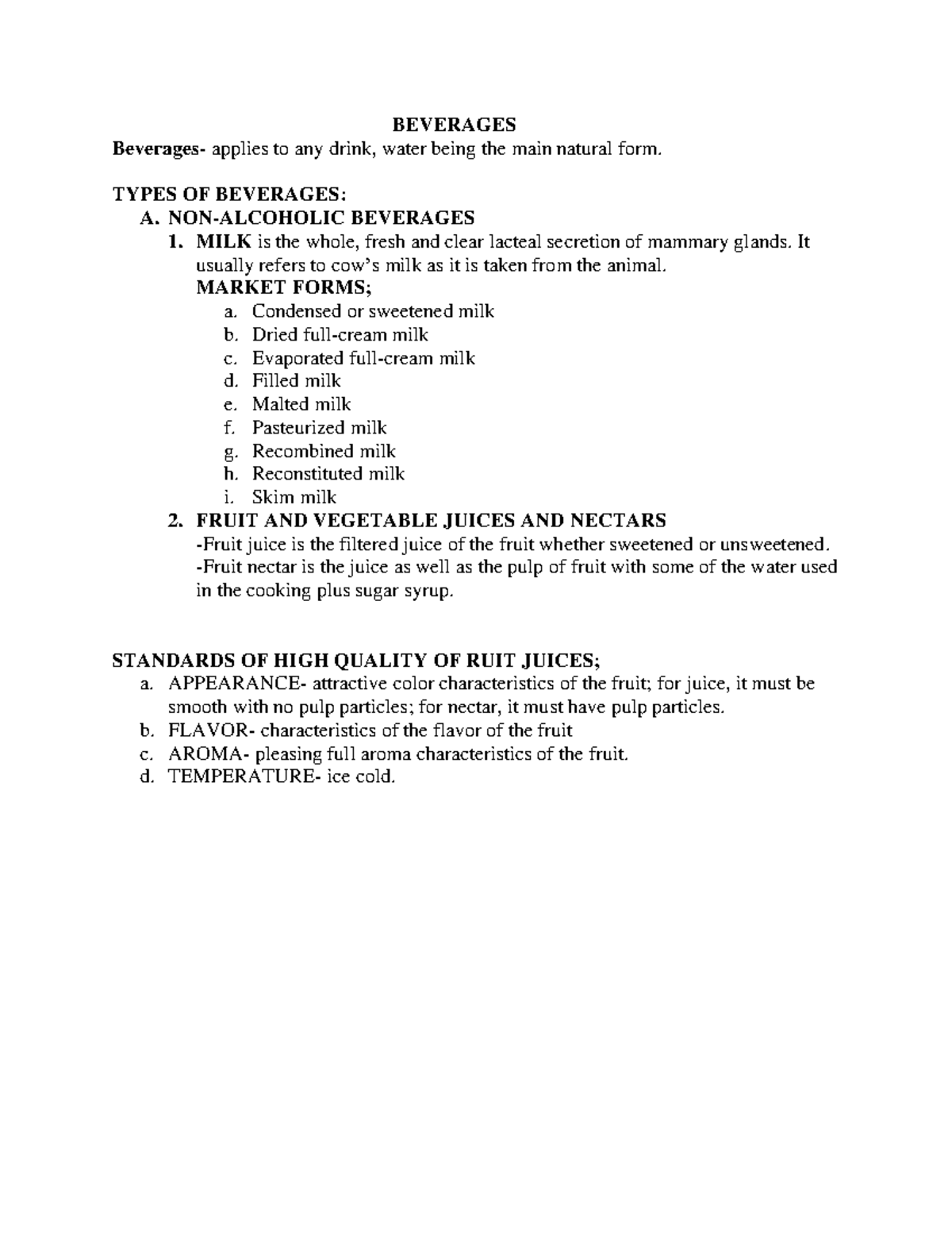 Beverages - BEVERAGES Beverages- applies to any drink, water being the ...