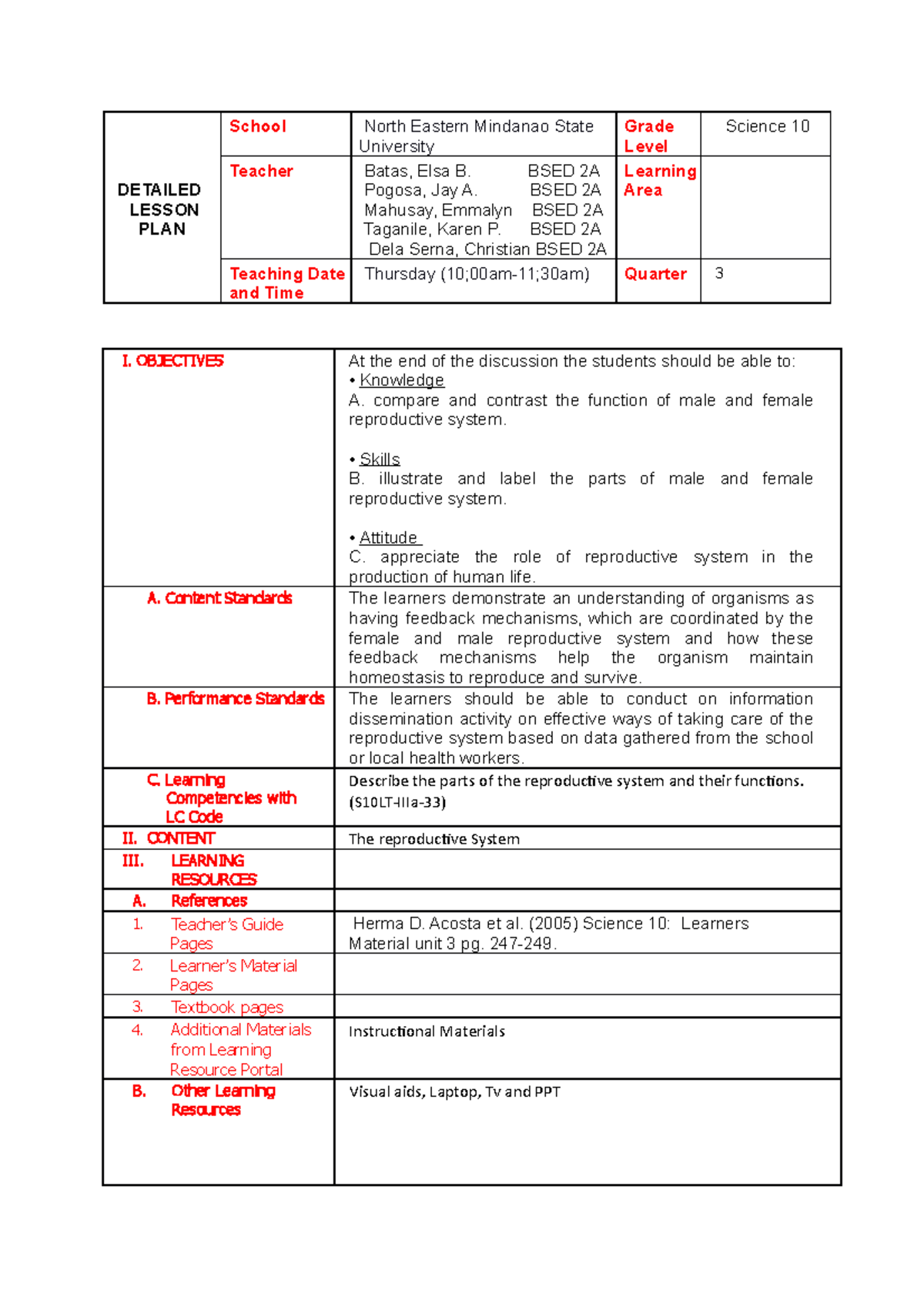 Detailed Lesson PLAN Reproductive system - DETAILED LESSON PLAN School ...