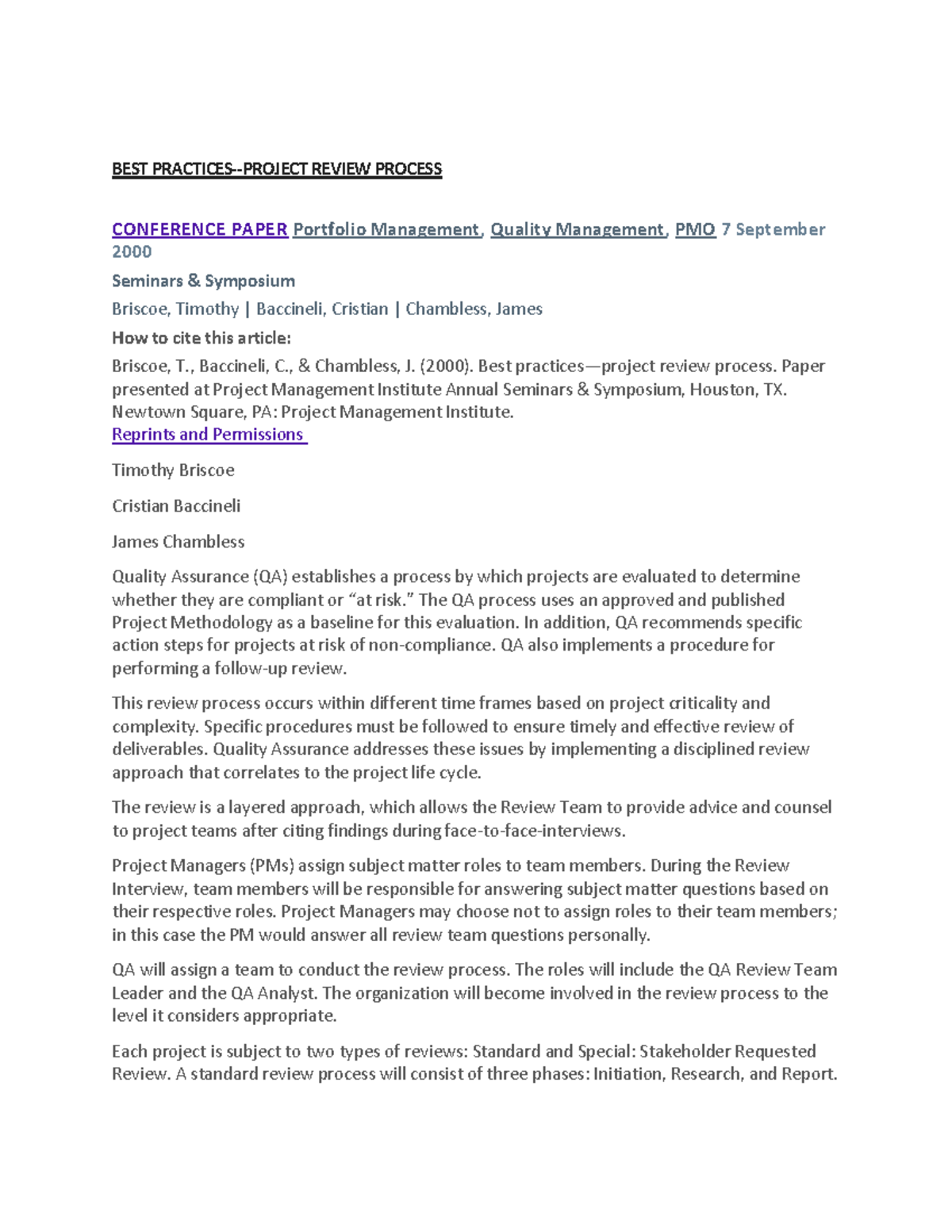 Best practices-project review process - BEST PRACTICES-PROJECT REVIEW ...