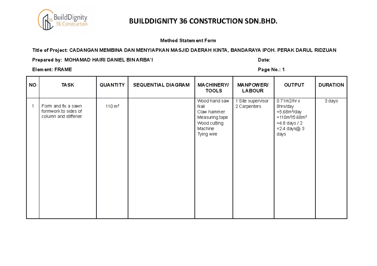 Frame - hard work - Method Statement Form Title of Project: CADANGAN ...