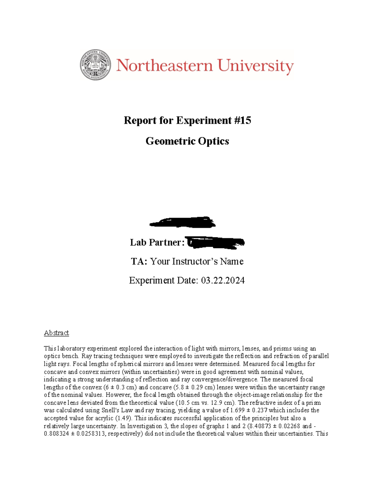 Lab report #15 - Report for Experiment # 15 Geometric Optics Celine ...