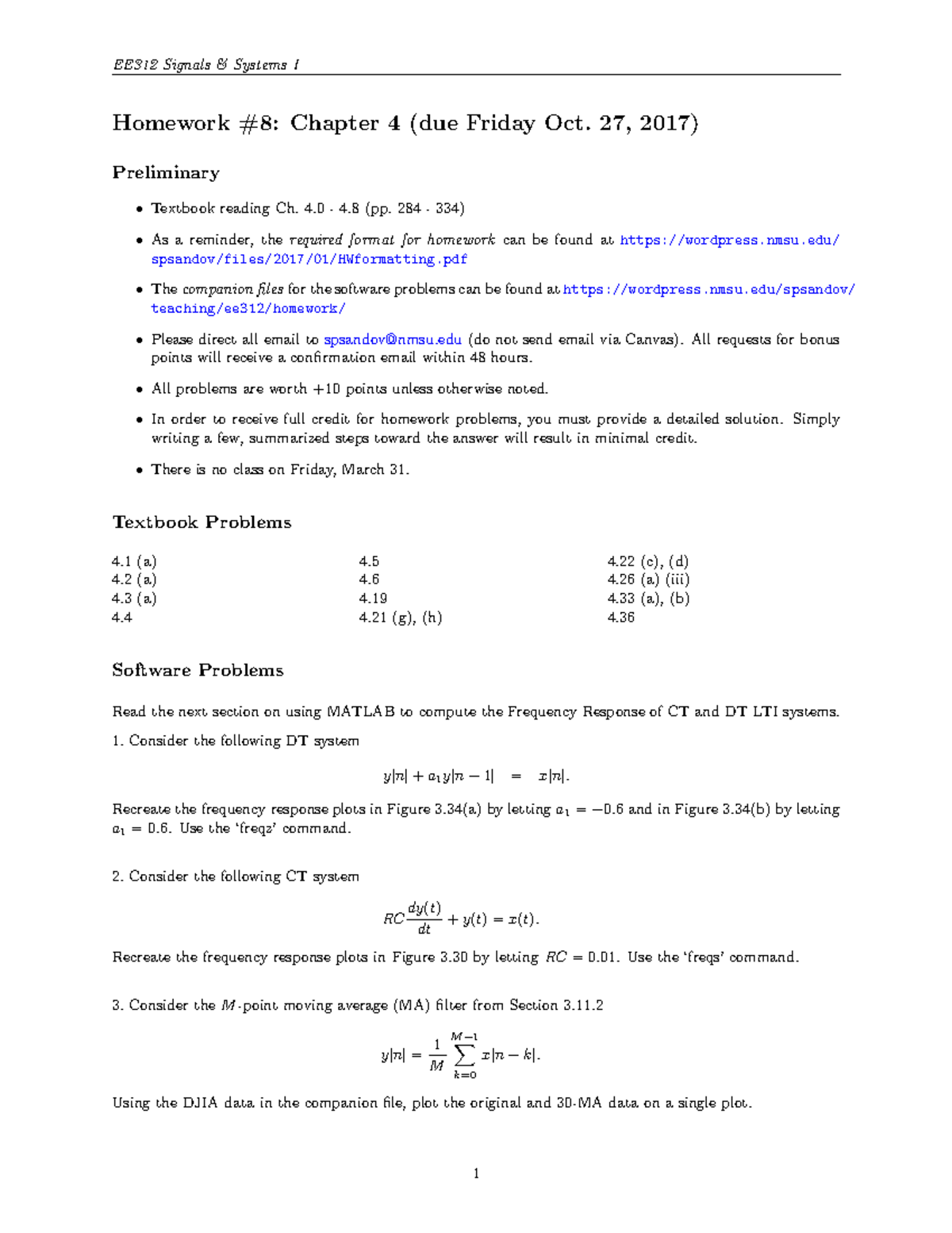 Homework 8 - EE312 Signals & Systems I Homework #8: Chapter 4 (due ...
