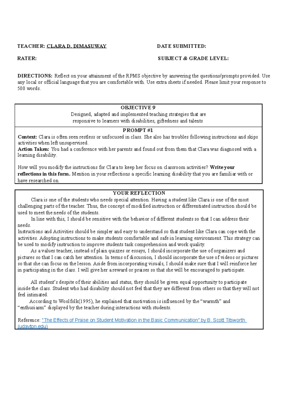 TRF Objective 9 - RPMS - TEACHER: CLARA D. DIMASUWAY DATE SUBMITTED ...